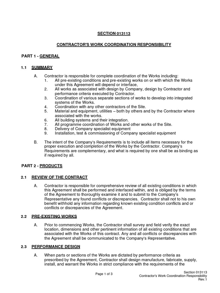 Section 013113 Contractor's Work Coordination Responsibility - Rev1 | PDF