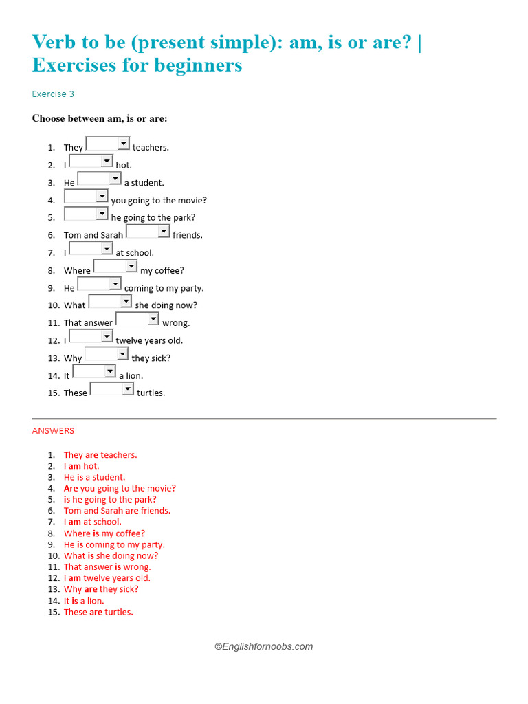 Verb-to-be-present-simple-am-is-or-are-Exercises-for-beginners | PDF