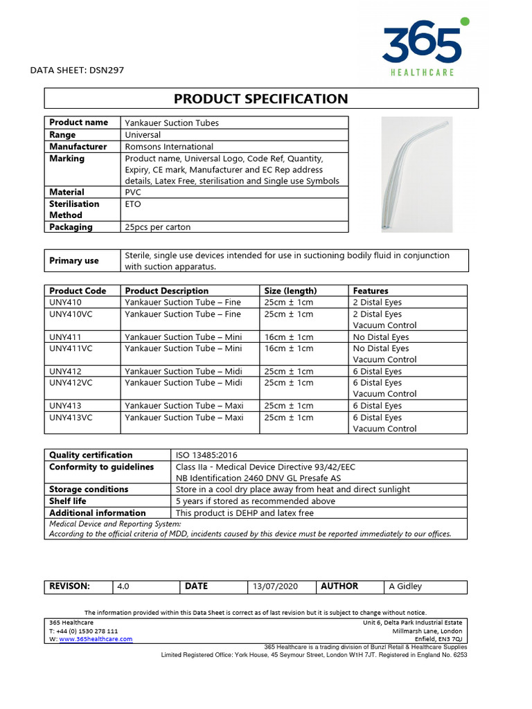 Yankauer Suction Tubes Data Sheet | PDF | Medical Device