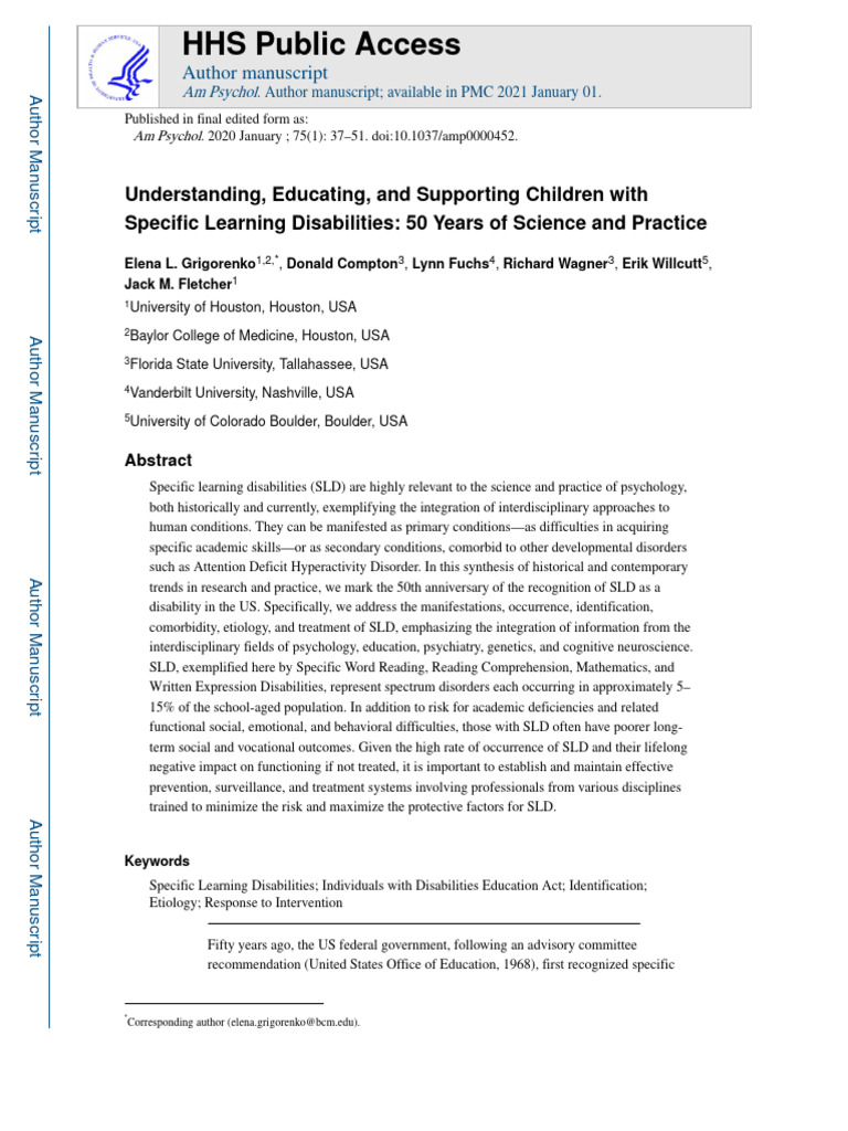 Understanding, Educating, and Supporting Children With Specific Learning Disabilities - 50 Years ...