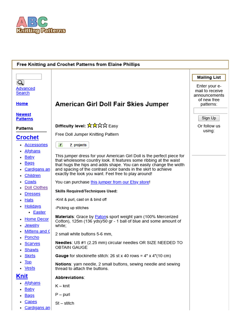 ABC Knitting Patterns - American Girl Doll Fair Skies Jumper | PDF ...
