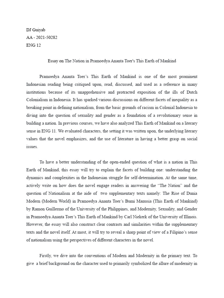 Essay On The Nation in Pramoedya Ananta Toer's This Earth of Mankind | PDF