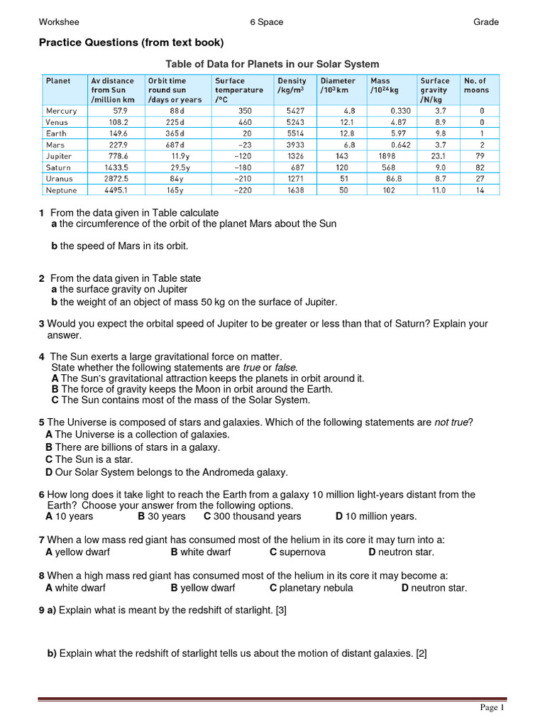 Grade XI Space Physics Worksheet | PDF | Stars | Planets