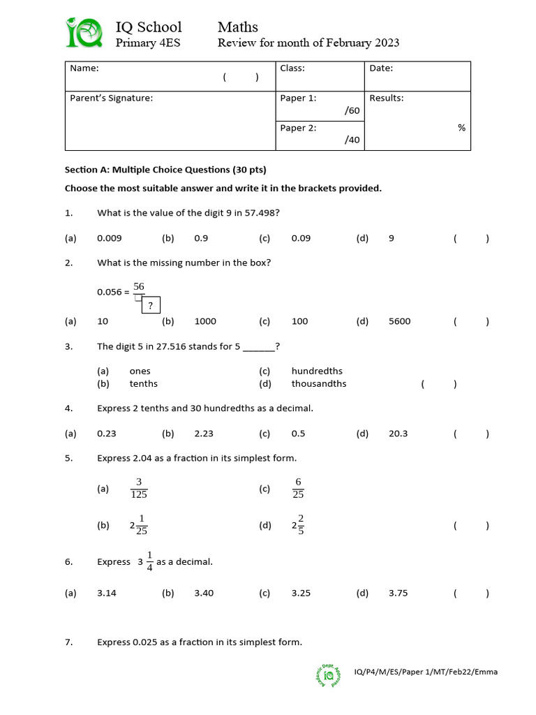Iq p4 M Es MT Paper 1 Feb 22 Emma | Download Free PDF | Numbers ...