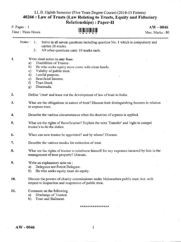 Law of Trusts Exam Paper 2014-15 | PDF | Trustee | Property Law