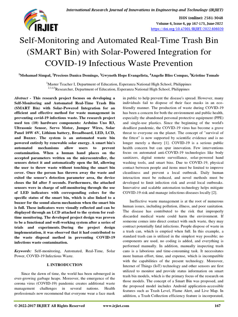 Self-Monitoring and Automated Real-Time Trash Bin (SMART Bin) with ...
