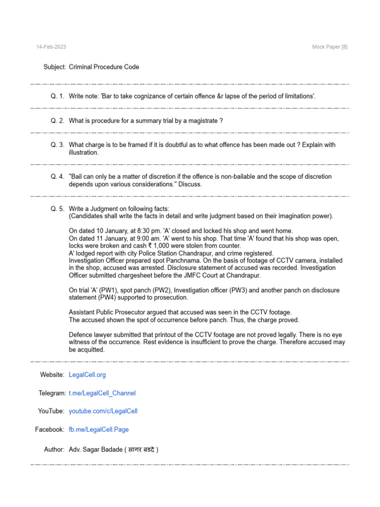 (Mock Paper) Criminal Procedure Code | PDF | Finance & Money Management ...