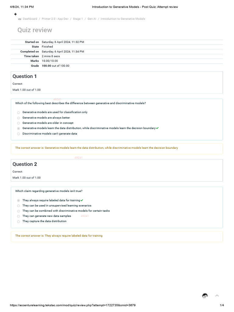 Introduction To Generative Models - Post Quiz - Attempt Review | PDF ...