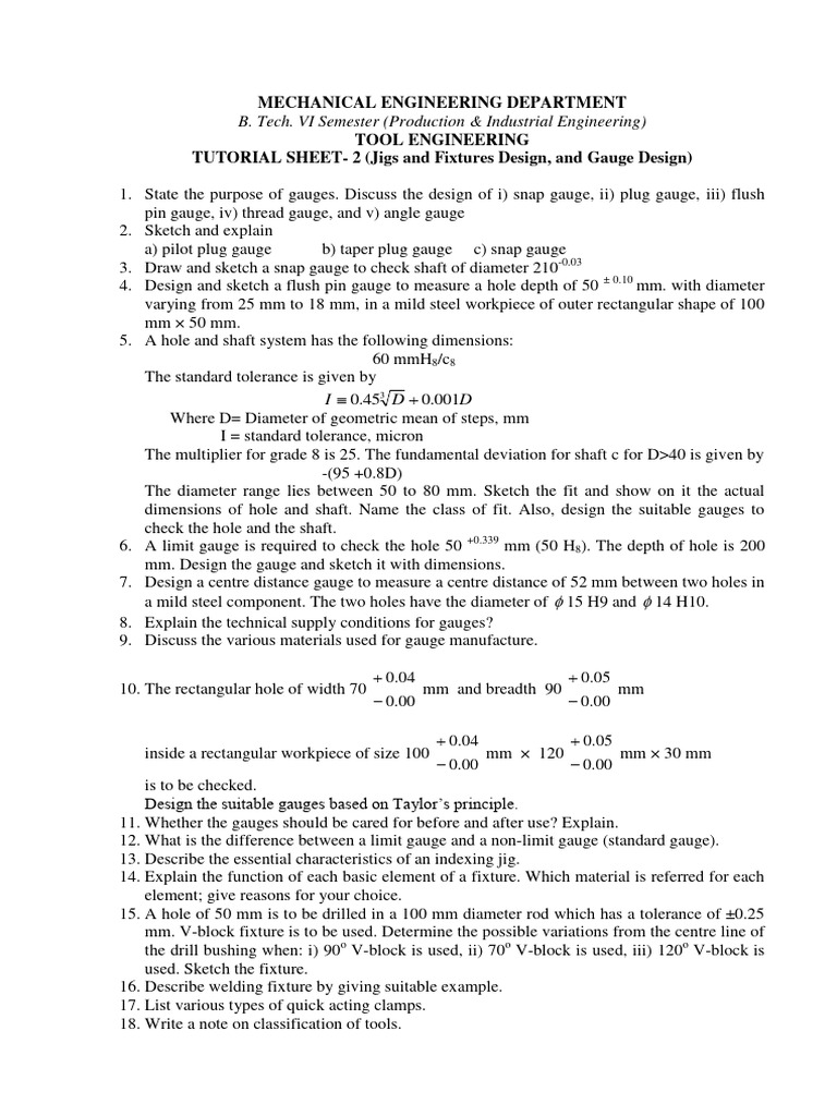 Tool Engineering - Tut. Sheet 2 2022-23 | PDF | Industrial Processes ...