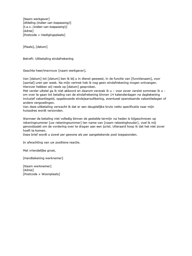 Voorbeeldbrief Verzoek Eindafrekening (1) | PDF