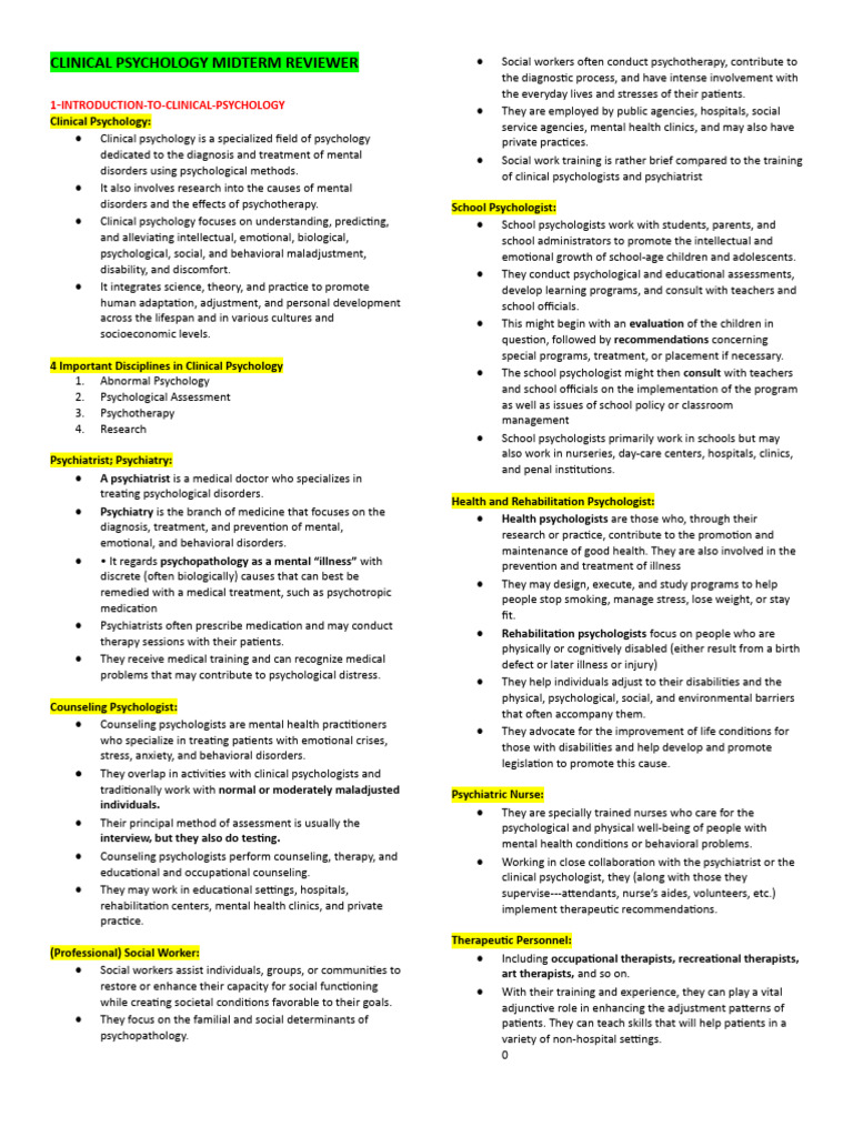 Clinical PSychology Midterm Reviewer | PDF | Clinical Psychology ... Clinical PSychology Midterm Reviewer | PDF | Clinical Psychology ...