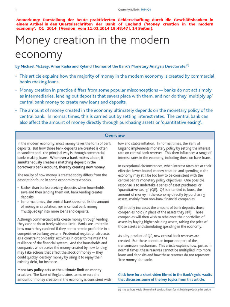 Money Creation in The Modern Economy | PDF | Money Creation | Banks