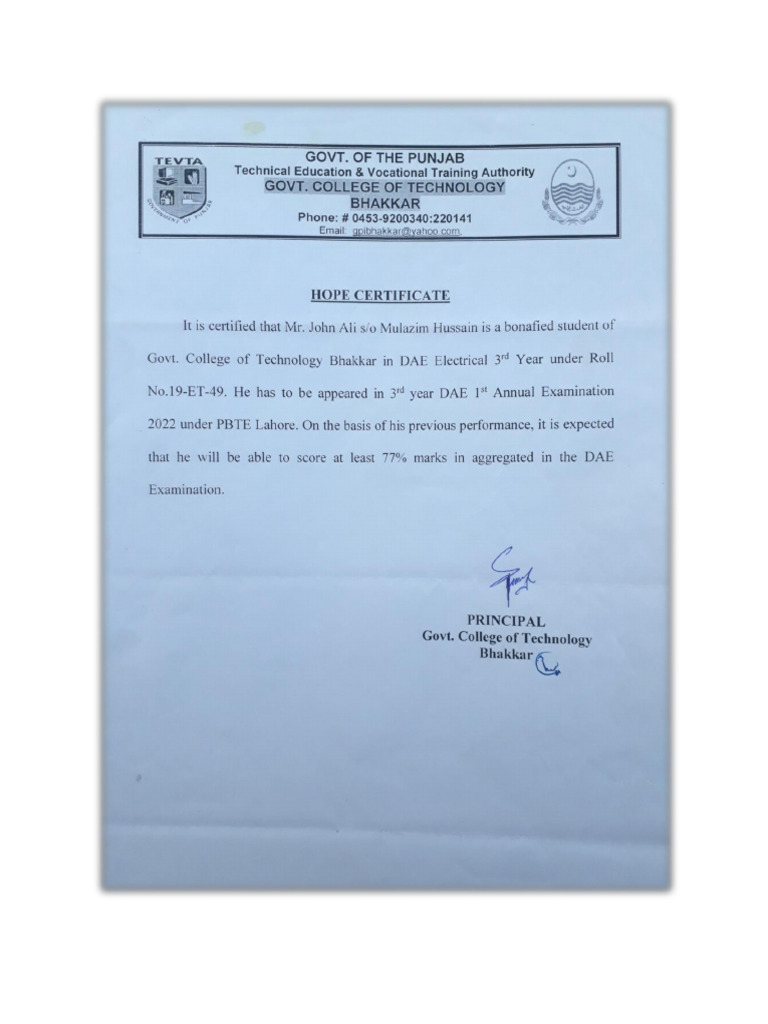 Joun Ali Hope Certificate | PDF