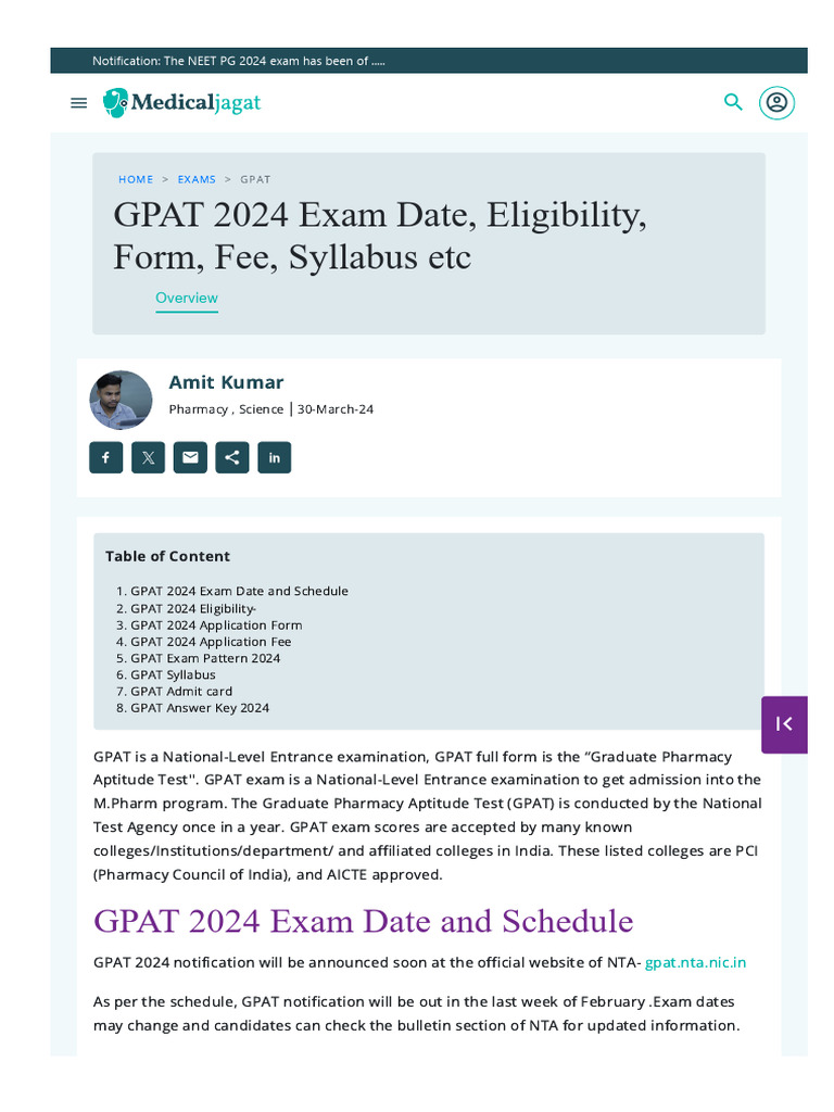 GPAT 2024 Exam Date, Eligibility, Form, Fee, Syllabus Etc. | PDF ...