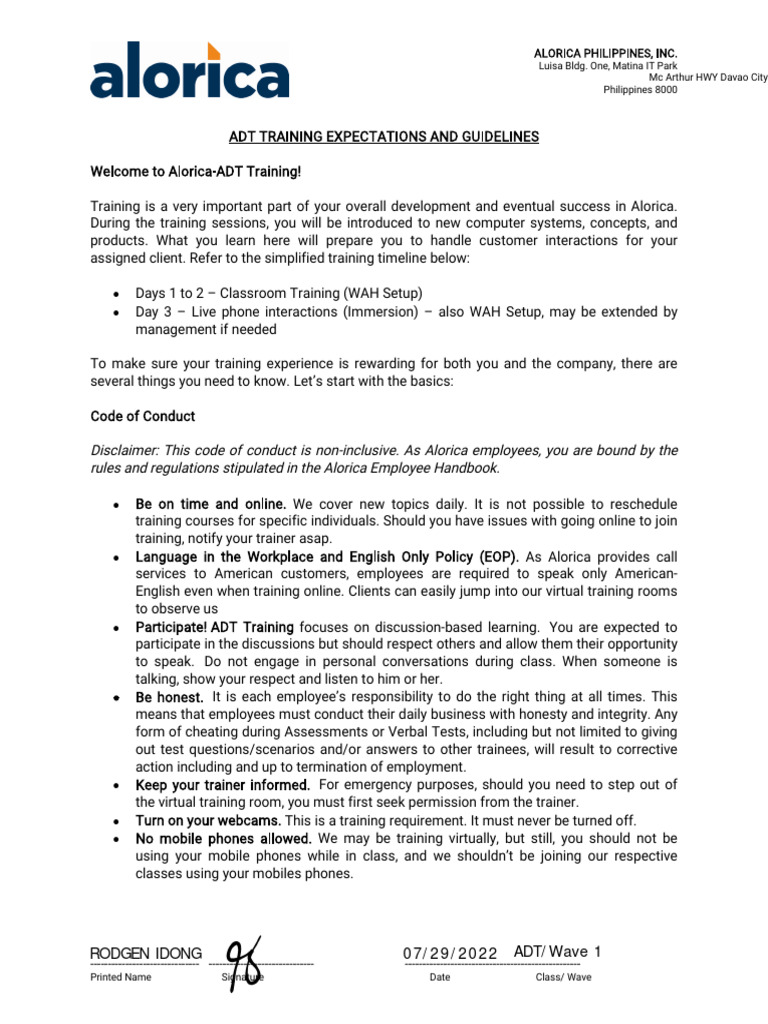 Alorica ADT Training Guidelines | PDF | Business
