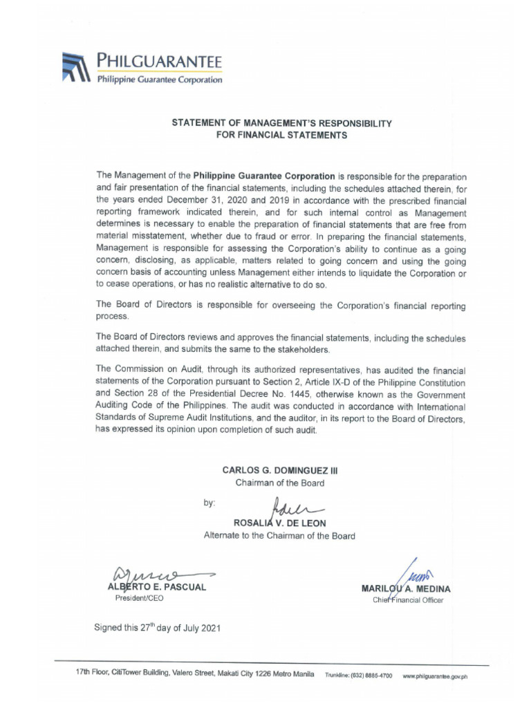 Management Responsibility for FS 2019 2020 | PDF