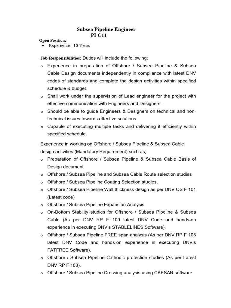 Subsea Pipeline Engineer Position Overview | PDF | Engineering