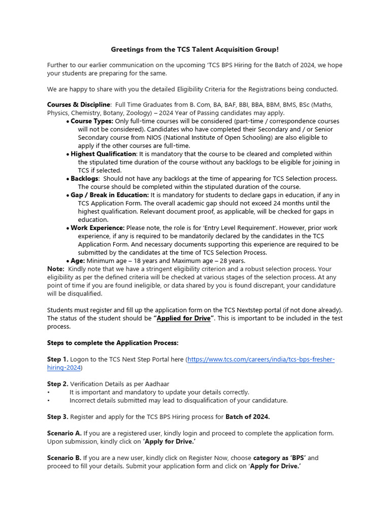 TCS BPS Hiring 2024: Eligibility & Steps | PDF | Career & Growth