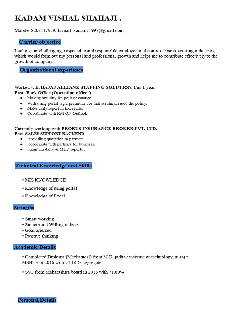 Kadam Vishal CV | PDF | Career & Growth | Business