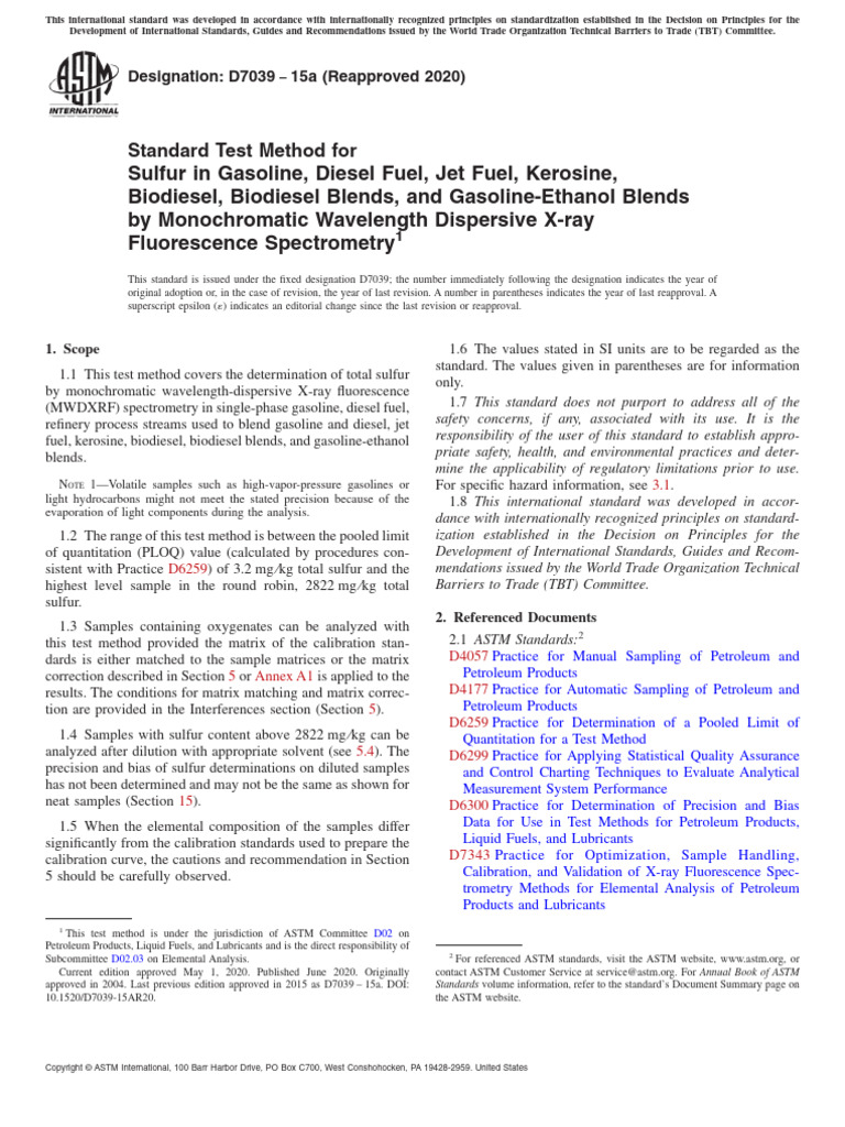 ASTM D7039-15a (Reapproved 2020) | PDF | Biodiesel | X Ray