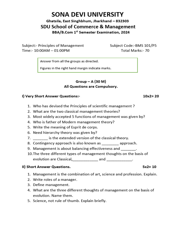 BBA Principles of Management Question | PDF