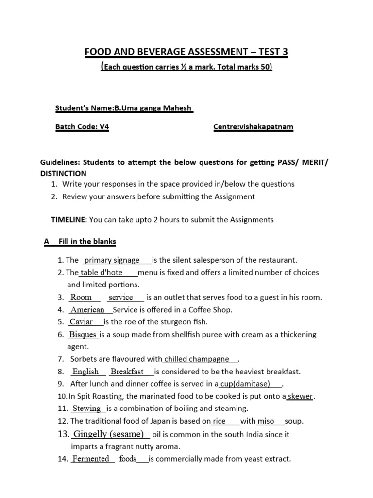 Food and Beverage Assessment Test 3 | PDF | Sauce | Restaurants