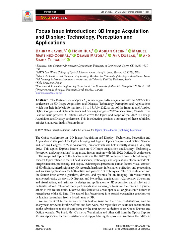 Focus Issue Introduction - 3D Image Acquisition and Display - Technology, Perception and ...