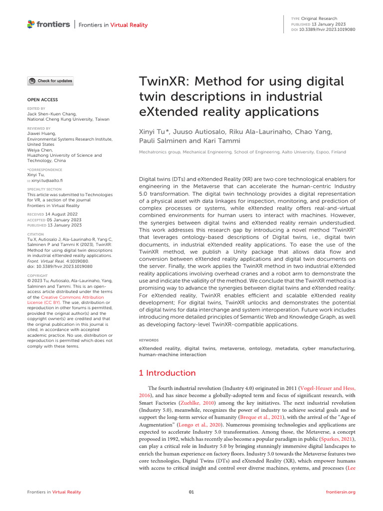 TwinXR Method For Using Digital Twin Descriptions in Industrial Extended Reality Applications ...