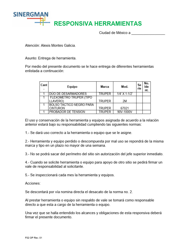 F02 OP Rev. 01 Carta Responsiva Herramientas Alejandro | PDF