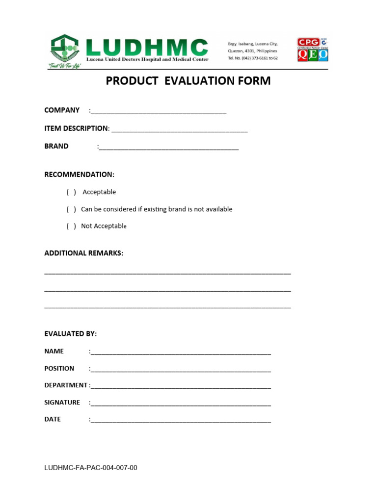 Product Evaluation Form Template | PDF