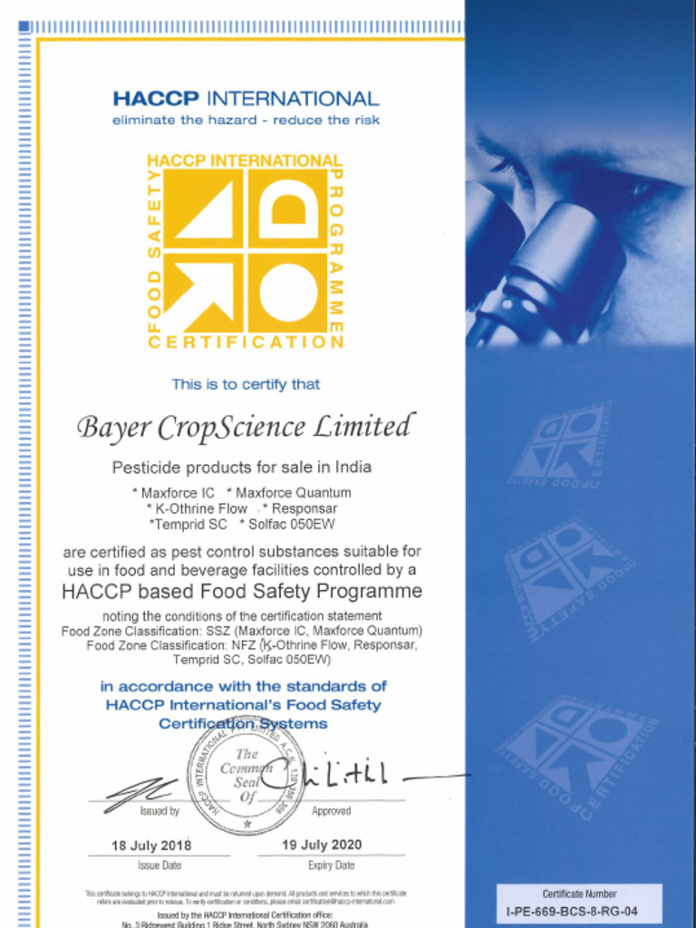 HACCP Certificate Bayer India 2020 A | PDF