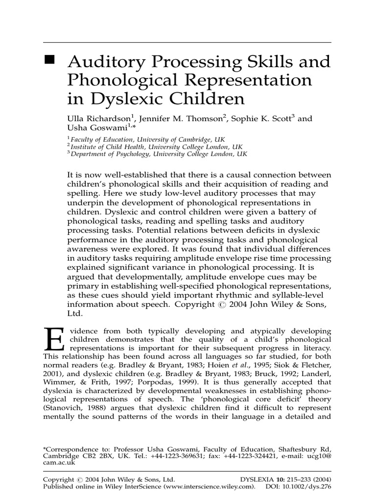 Auditory Processing Skills and Phonologi | PDF | Dyslexia | Syllable