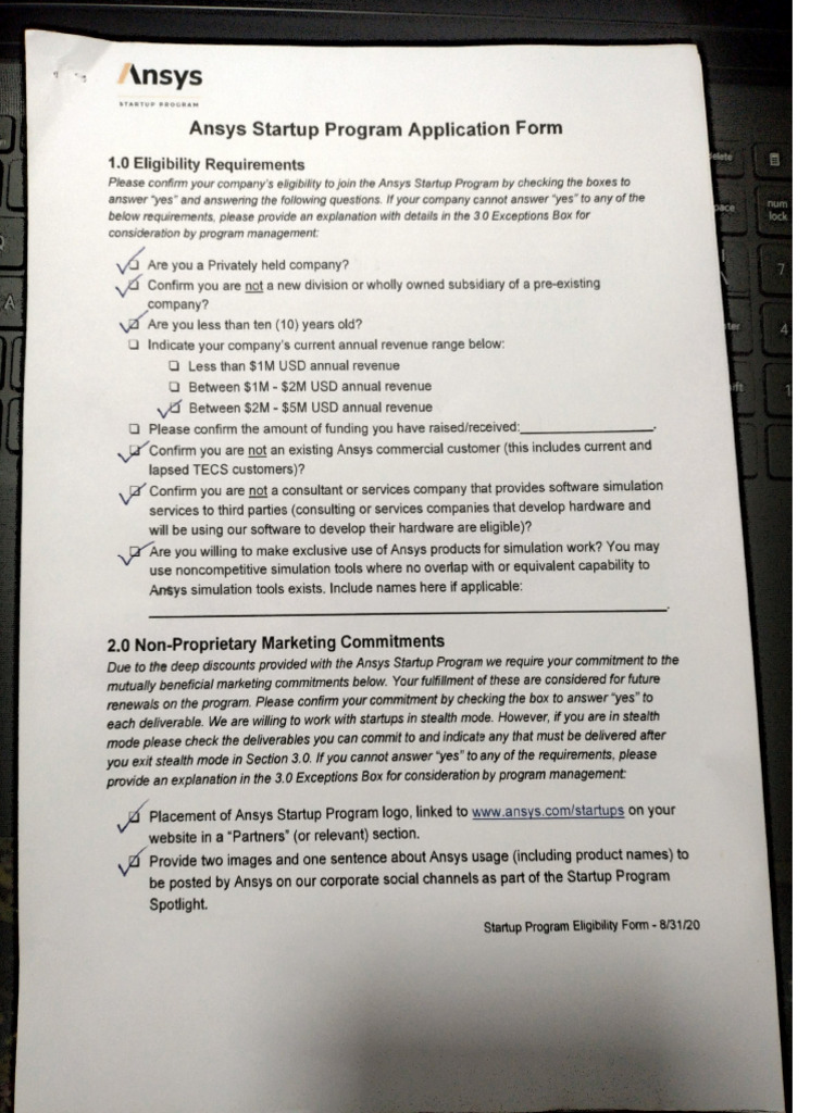 Sample Ansys Startup Form | PDF | Startup Company | Small Business & Entrepreneurs