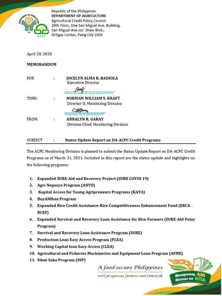 DA-ACPC Credit Programs Status Update | PDF | Loans