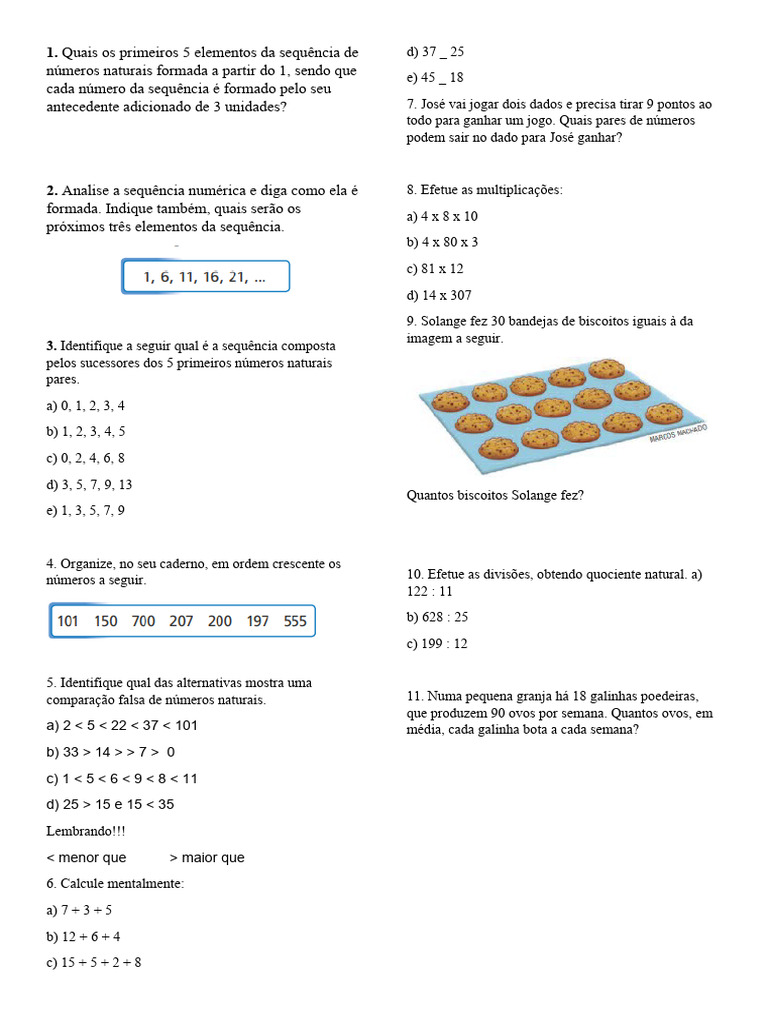 Lista de Exercícios Números Naturais - Aula 1 | PDF
