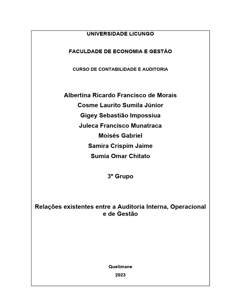 Trabalho de Auditoria Financeira 2 Capa e Contra Capa | PDF