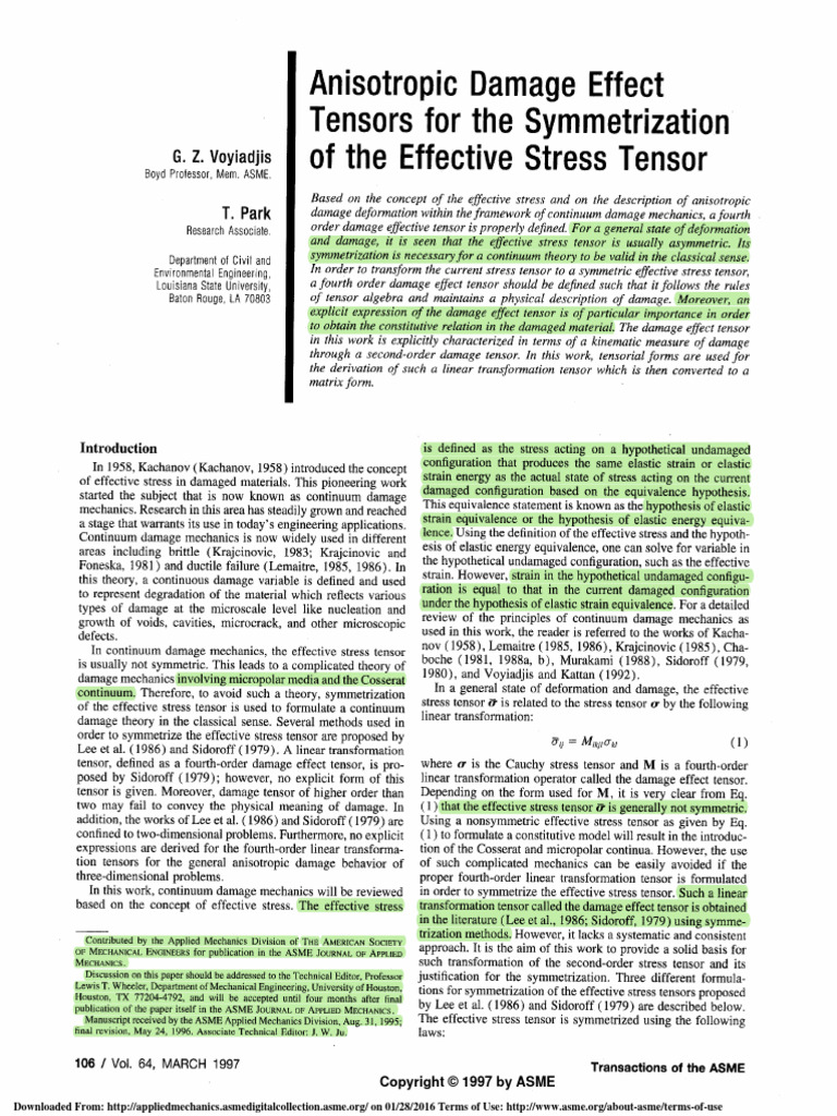 1997_Anisotropic Damage Effecttensors | PDF | Tensor | Continuum Mechanics