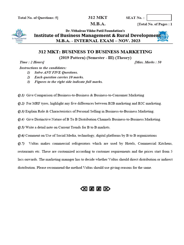 B2B Question Paper NOV 2023 | PDF | Career & Growth | Business