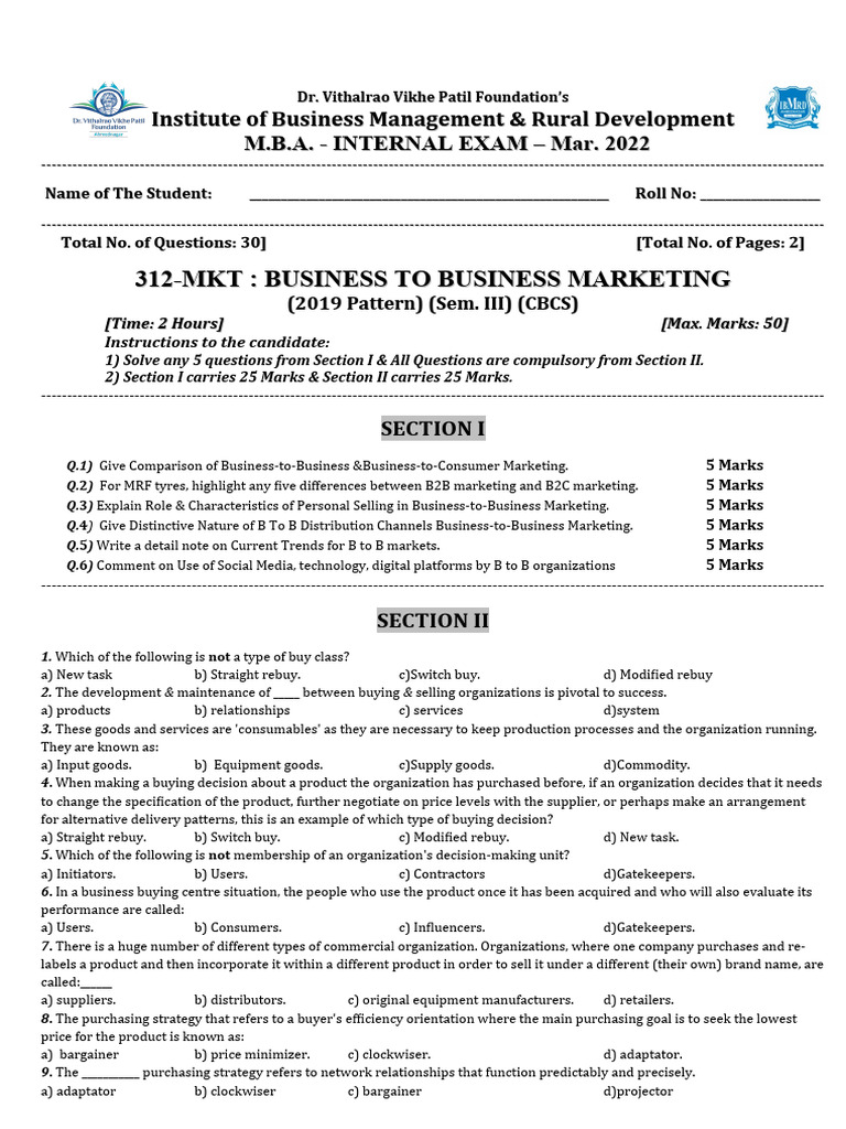B2B Question Paper Mar 2022 F | PDF | Marketing | Supply Chain