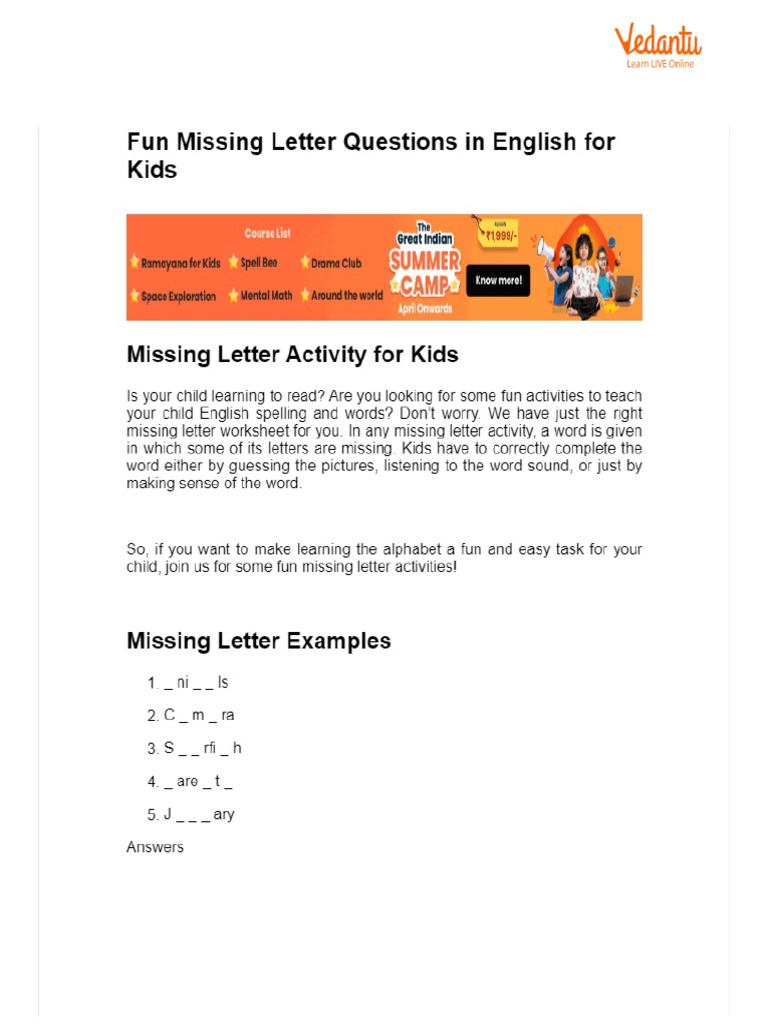 Fun Missing Letter Questions in English For Kids | PDF