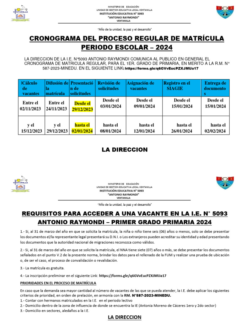 Cronograma Del Proceso Regular de Matrícula | PDF