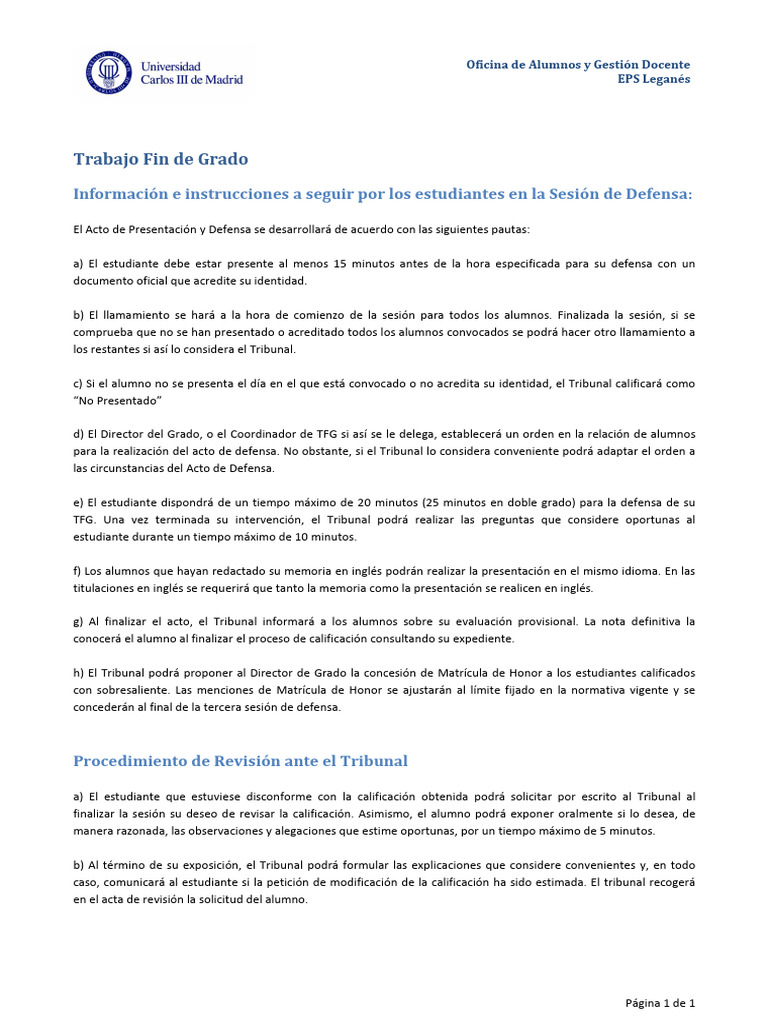 Instrucciones defensa TFG uc3m | PDF