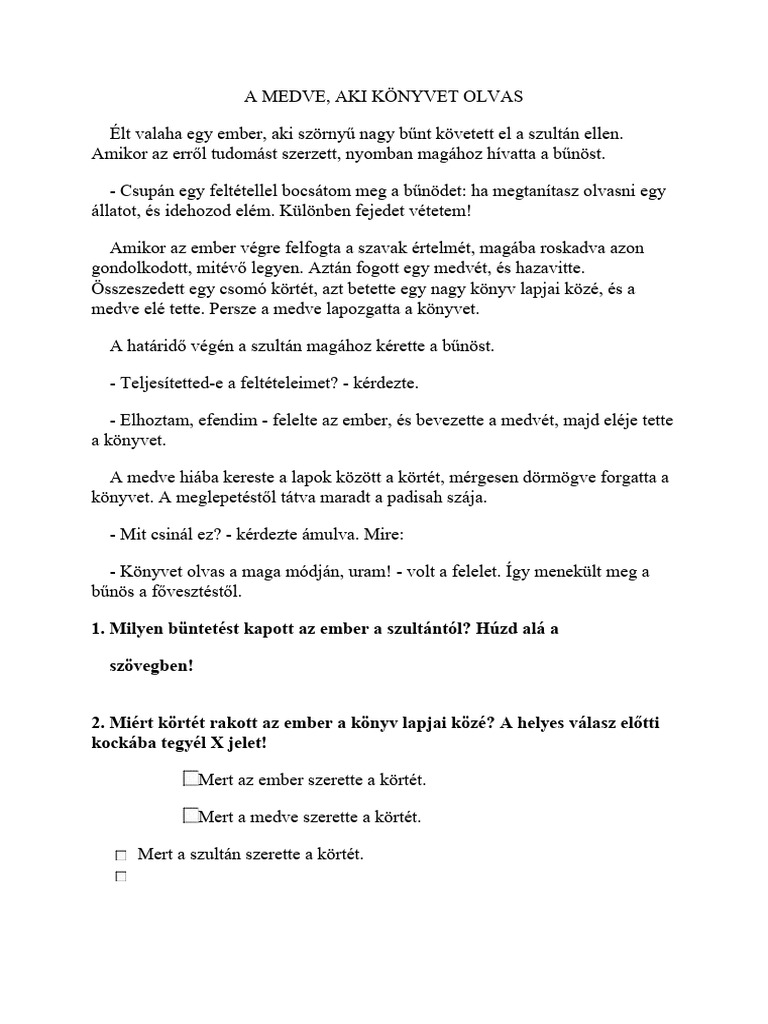 A Medve, Aki Könyvet Olvas 1. Osztály | PDF