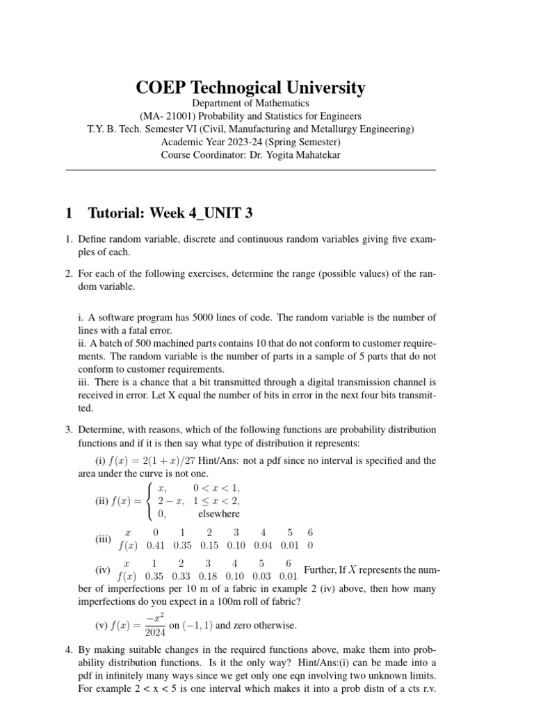 Tutorial Week4 | Download Free PDF | Probability Distribution | Random Variable