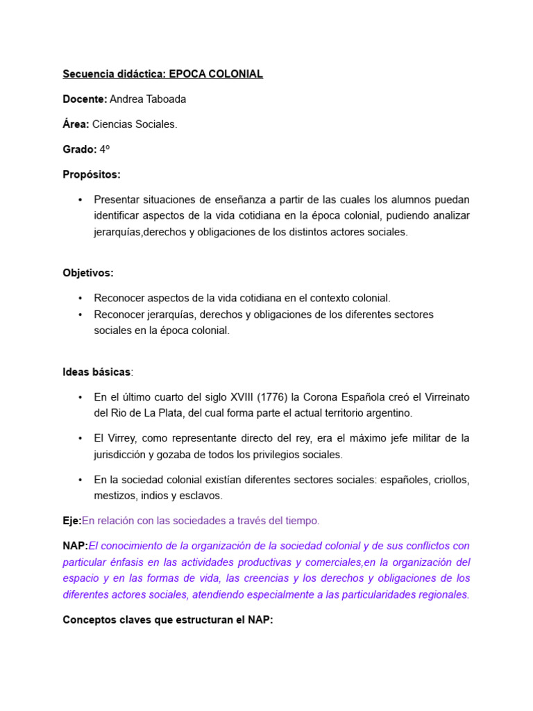 SECUENCIA DIDAC. CIENCIAS SOCIALES 4 Colonial | PDF | Colonialismo | Argentina