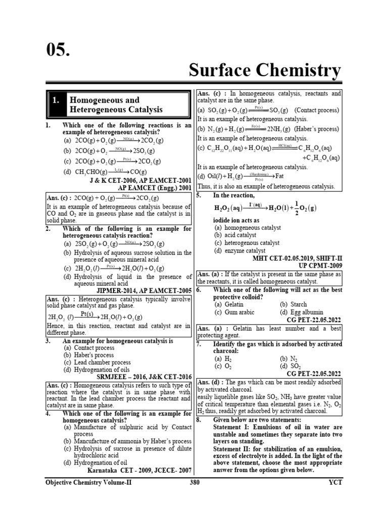 YCT Surface Chemistry NEET JEE Questions Practice | PDF | Catalysis ...