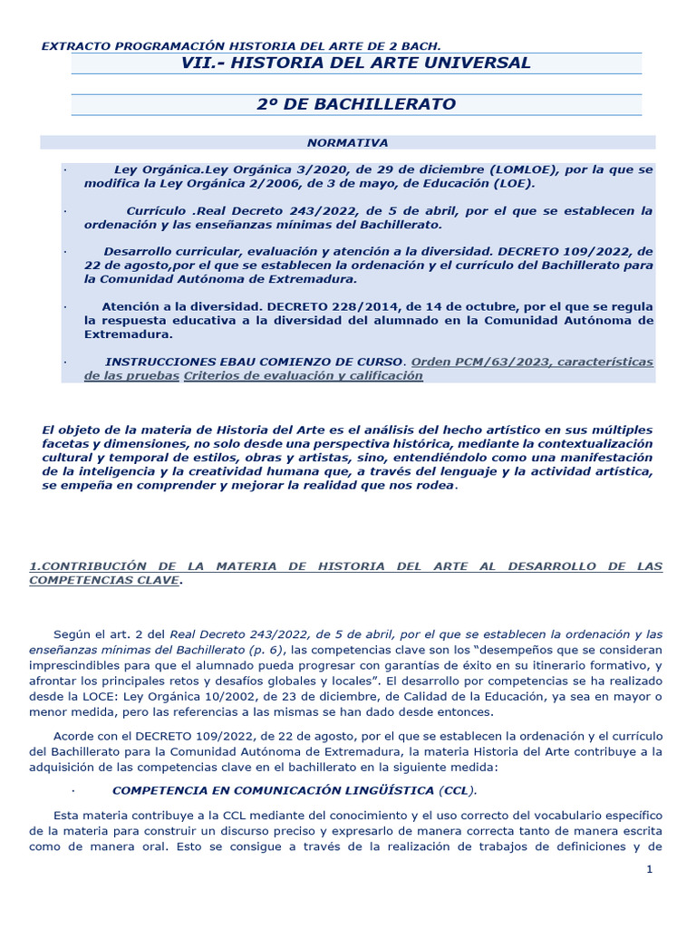 Programación Historia del Arte 2º Bachillerato | PDF | Aprendizaje ...
