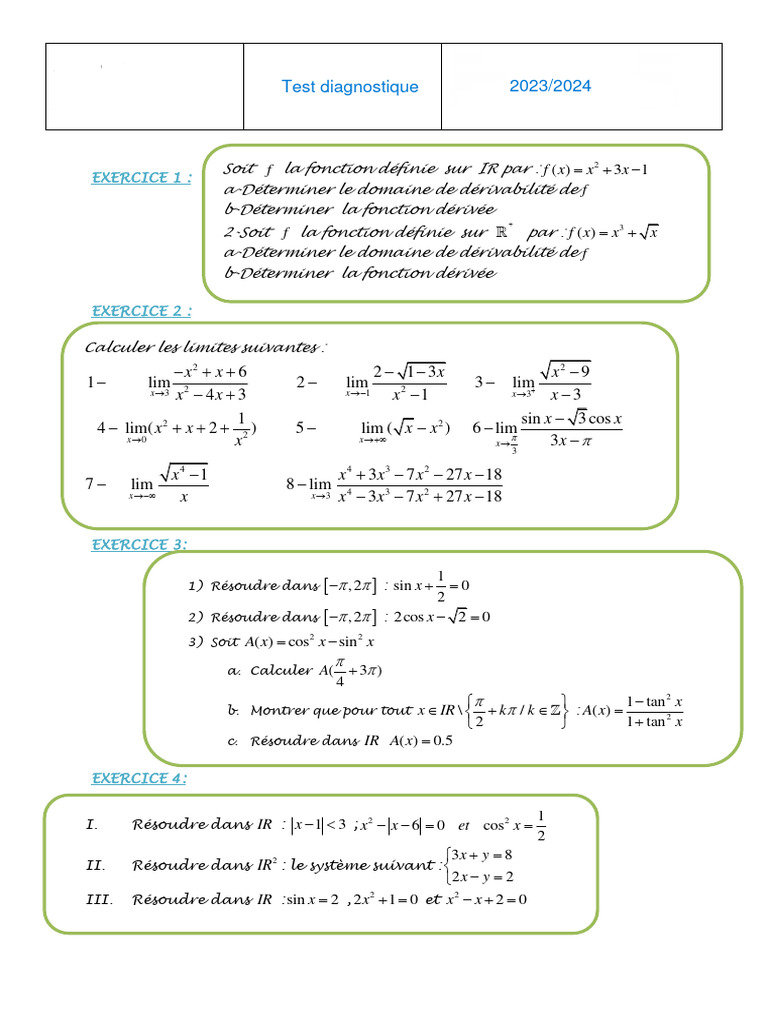 Test diagnostique de mathématiques 2BAC | PDF | Mathématiques | Science