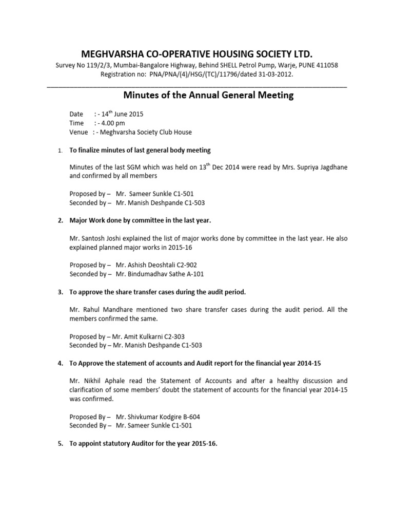 Minutes of Meeting - AGM 2015 16 | PDF | Business | Technology ...