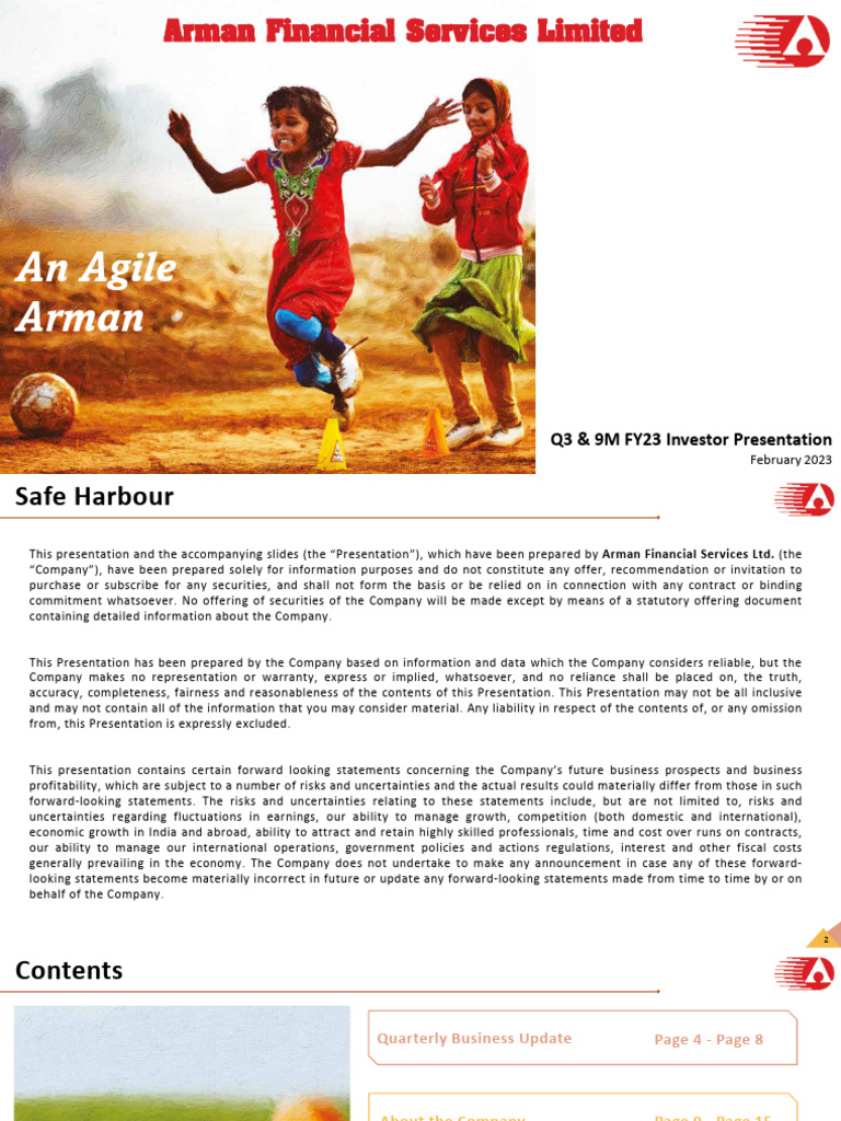Investor Update: Arman Financial Q3 FY23 | PDF | Loans | Microfinance